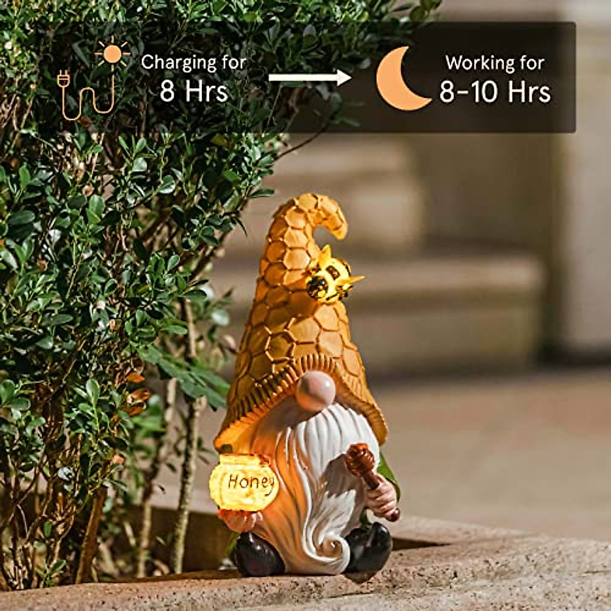 LA JOLIE MUSE Garden Gnomes Statue -11.3'' Resin Summer Bee Gnome Figurine Holding Honey Jar with Solar LED Lights, Outdoor Decoration for Patio Yard Lawn Porch, Ornament