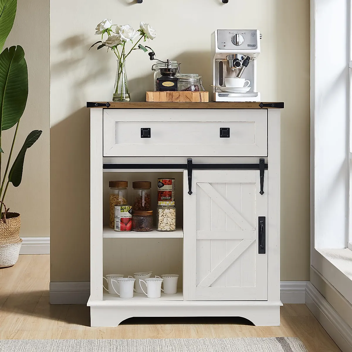 OKD Farmhouse Coffee Bar, 32 Inch Buffet Sideboard with Sliding Barn Door, Drawer, Adjustable Storage Shelves, Wood Accent Floor Cupboard Cabinet for Kitchen, Dining Room, Living Room, Antique White