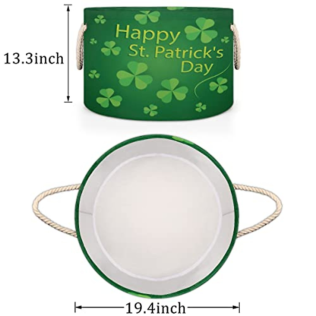 St. Patrick's Day Green Clover Leaves (3) Large Round Baskets for Storage Laundry Baskets with Handles Blanket Storage Basket for Bathroom Shelves Bins for Organizing Nursery Hamper Girl Boy