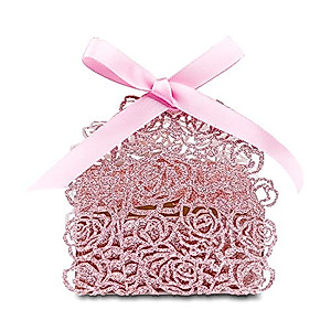 PONATIA 50 PCS Laser Cut Rose Gold Glitter Boxes with Pink Ribbons Wedding Party Favor, Wedding Gift Bags Chocolate Candy and Gift Boxes(Rose Gold Glitter)