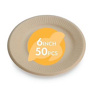 100% Compostable Disposable Paper Plates Bulk [6" 50 Pack], Bamboo Plates, Eco Friendly, Biodegradable, Sturdy Small Dessert Party Plates, Heavy-Duty, Unbleached by Earth's Natural Alternative