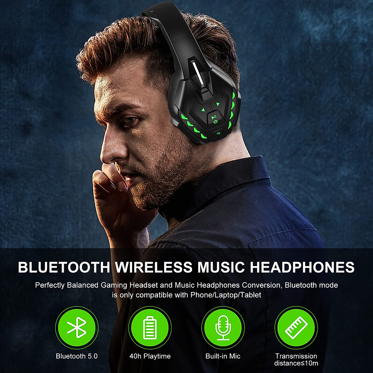 PHOINIKAS PS5 Gaming Headset for PS4, PC, Switch, Q10 Xbox One Headset with Stereo Sound, Detachable Mic, Wireless Bluetooth 5.3 Headphone only for Laptop/Phone/Tablet, 20H Battery (Green)
