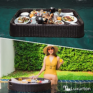 Luxurton Floating Tray – 80 x 15 cm Floating Pool Tray – Drinks and Food Serving Tray for Pool Parties – Wear-Resistant Rattan Party Serving Tray – Round Brown