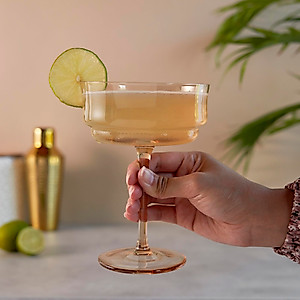 Twine Tulip Coupe Glasses, Gold Amber Tinted Drinking Stemmed Cocktail Tumblers or Wine Cups, Yellow Brown, 9 Oz, Set of 2