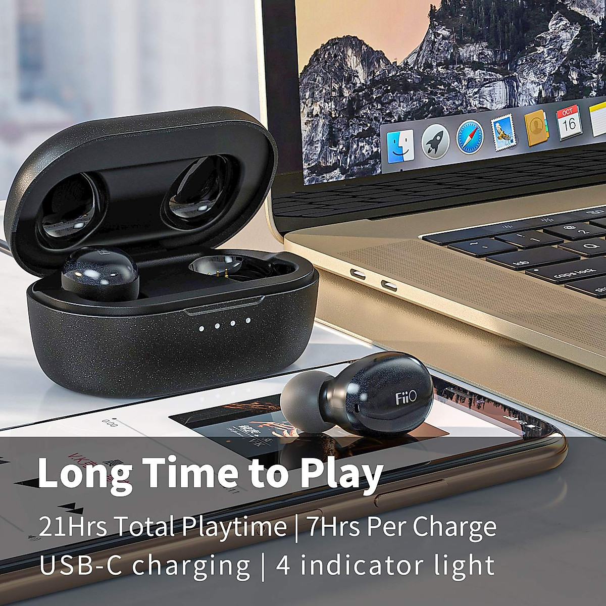 FiiO Wireless Earbuds Bluetooth 5.0 TWS+ Supports aptX/SBC/AAC 21 Hours Playtime CVC 8.0 Noise Cancelling Pumping Bass FW1