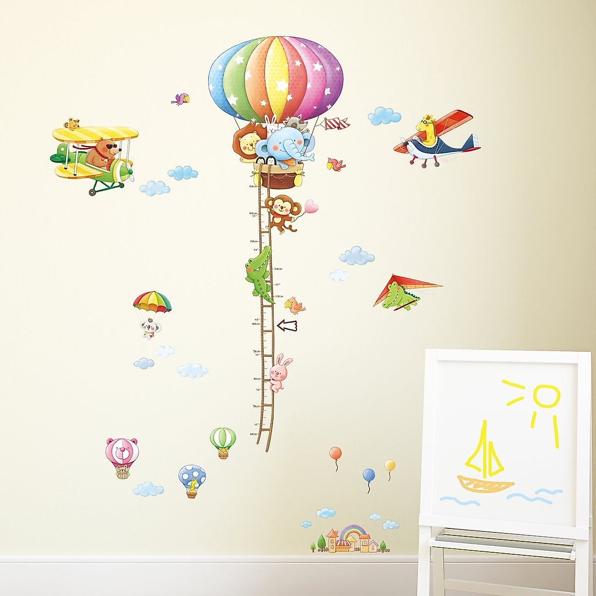 DECOWALL DA-1606N1506C Animal Hot Air Balloon Height Growth Chart and Biplanes Kids Wall Stickers Wall Decals Peel and Stick Removable Wall Stickers for Kids Nursery Bedroom Living Room d?cor