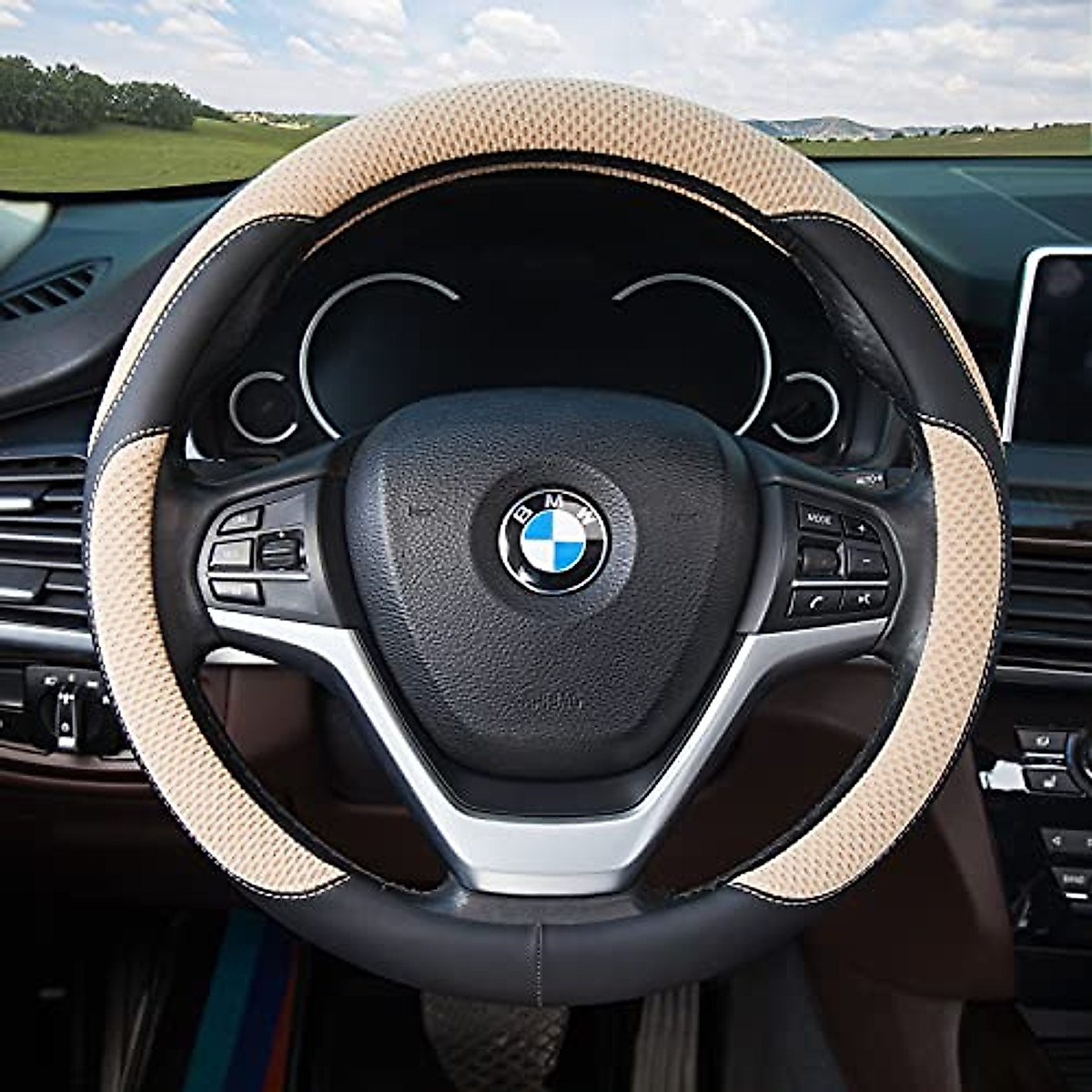 Achiou Steering Wheel Cover Microfiber Leather and Viscose, Breathable Mesh Universal 14.5-15 inch, Refreshing and Comfortable