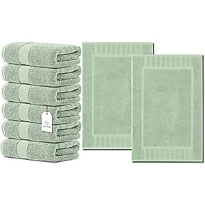 White Classic Luxury Hand Towels | 6 Pack Luxury Bath Mat | 2 Pack Bundle (Green)