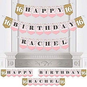 Big Dot of Happiness Custom Sweet 16 - Personalized 16th Birthday Party Bunting Banner and Decoration - Happy Birthday Custom Name Banner