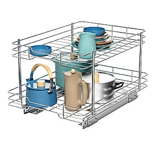 Lxmons 2 Tier Pull-out Cabinet Organizer, 17" W x 21" D Kitchen Under Sink Organizer, Slide Out Home Spice Rack Storage for Pots and Cans, Drawer Pantry Shelf Organization for Bathroom Base, Chrome