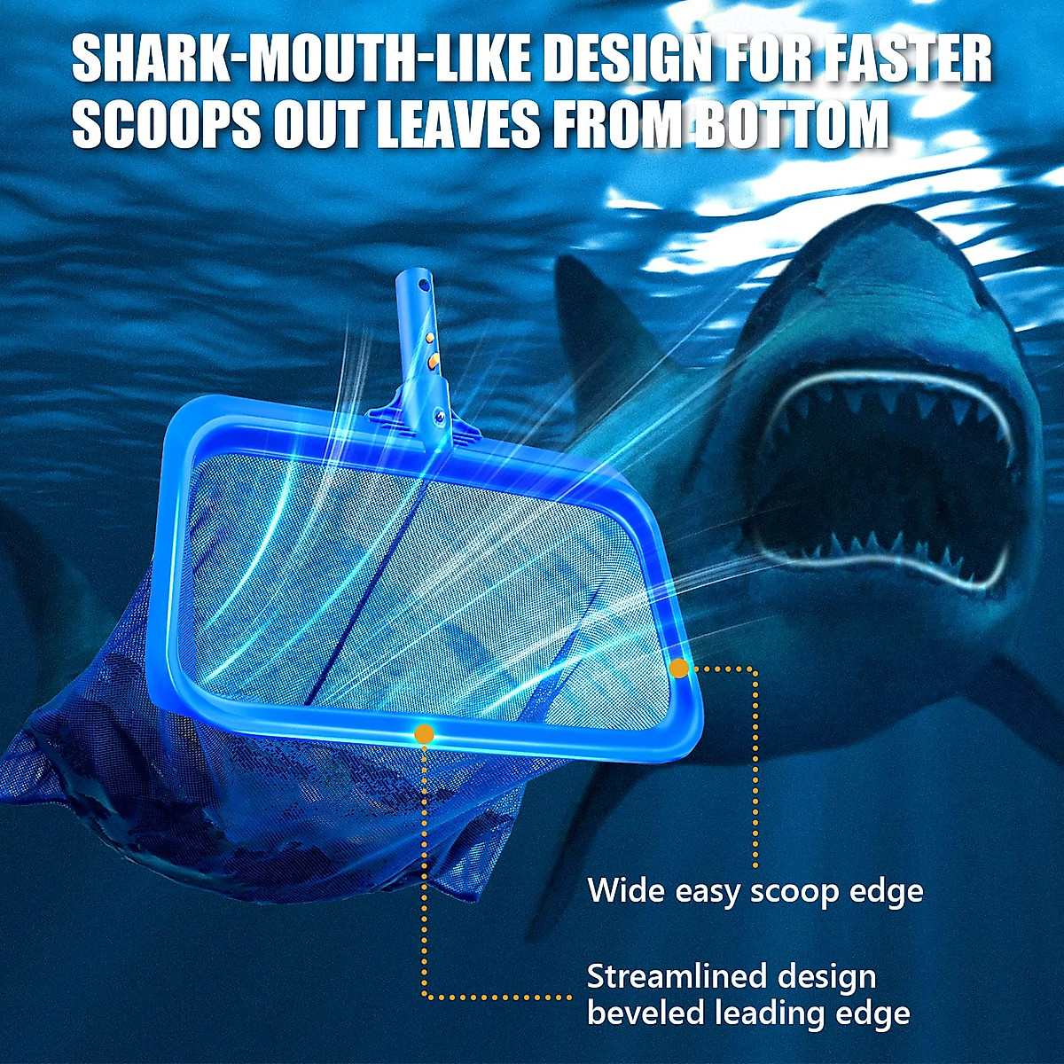 SORSWEET Pool Rake, Heavy Duty 17" Leaf Skimmer Net, Including EZ-Clip, Deep Bag Catcher, Pool Net for Cleaning Pool, Fits Standard 1-1/4" Pole, Pole Not Included