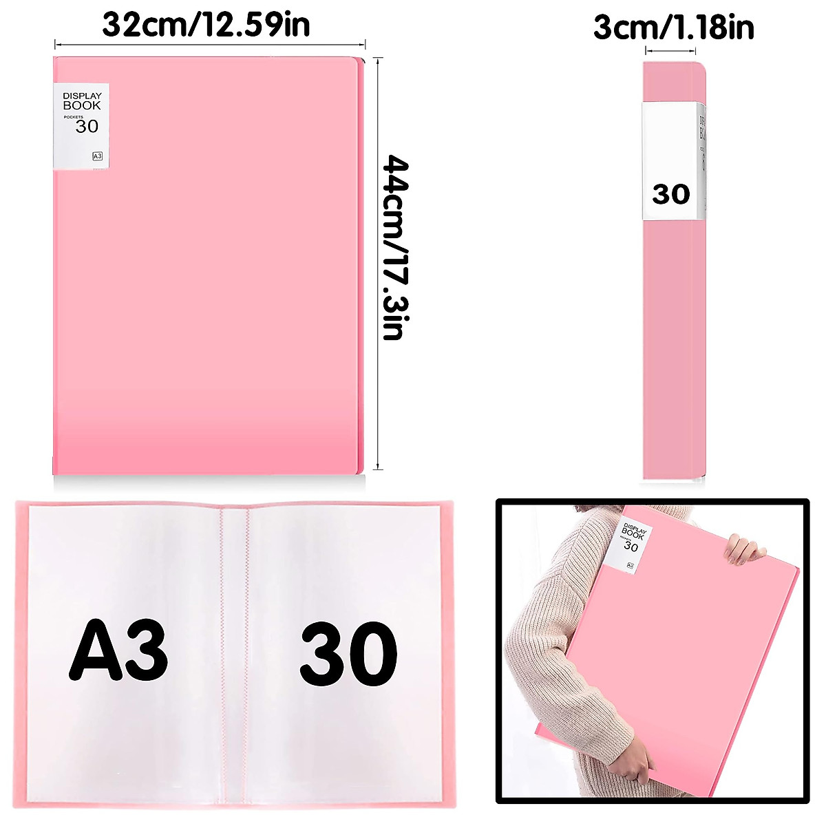 SKRYUIE A3 Diamond Painting Storage Book - 60 Diamond Painting Capacity, 30 Pages Protectors, 17.2x12.8 inches, Portfolio Folder for Diamond Painting Presentation and Organization - Pink