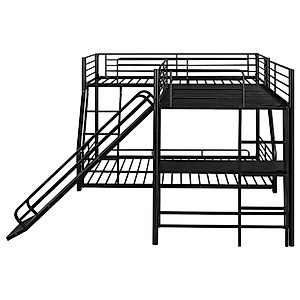 ATY L Shaped Full Bunk Bed with Twin Size Loftbed, Metal Bedframe w/Built-in Desk and Slide, for 3 People, Save Space Design, No Box Spring Required & Easy Assembly, Black