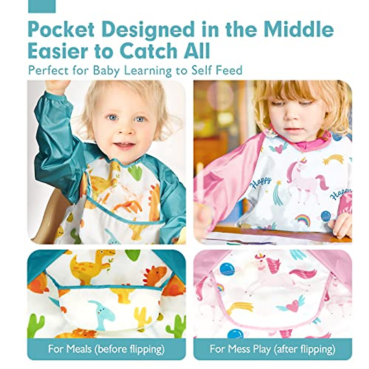 hahaland Long Sleeve Bibs for Babies 6-12-18-24 Months - Unicorns Baby Bibs for Girls Baby Shirt Bibs for Eating Feeding, Wearable Sleeved Smock Bibs with Food Catcher for Led Weaning (Pink)