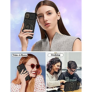 Goocrux (2in1 for iPhone 12 Pro Max Case Sun Moon Stars for Women Girls Cute Space Phone Cover Fashion Golden Star Print Design with Slide Camera Cover+Ring Holder Cases for iPhone 12 ProMax 6.7''