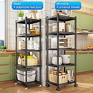 HERJOY 5 Tier Storage Shelves with Rolling Wheels, Heavy Duty Shelves for Storage Adjustable Metal Shelving Unit, Standing Storage Organizer Rack for Kitchen, Bathroom, Garage, Office(Black)