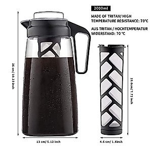 Sivaphe 2 Quart Cold Brewer Coffee Maker Deluxe Patented Manual Iced Loose-Tea Method 64oz Leak Proof Coffee Pitcher with 2 Removable Finish-Mesh Filters