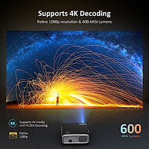 NexiGo PJ40 Movie Projector, 600 ANSI Lumens, Native 1080P, 4K Supported, 300 Inch, Auto Vertical Keystone, Zoomable, 20W Speakers, WiFi, Bluetooth 5.1, Compatible w/TV Stick, iOS, Android (Black)