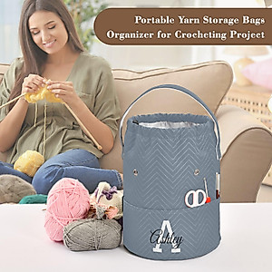 Personalized Yarn Bag Portable Knitting Bag, Custom Name Crochet Tote Bag Travel Yarn Storage Organizer for Crochet Accessories, Supplies, Needles, Slate Gray