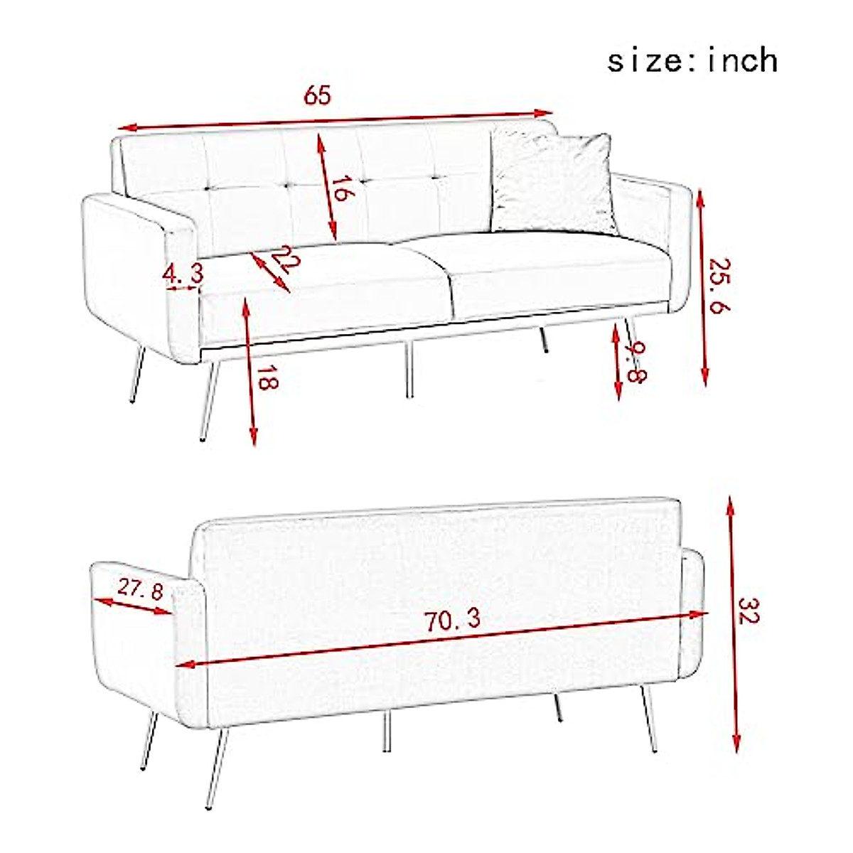 Velvet Futon Sofas Bed and Couch,70 Inches Long, Mid Century Modern Couch Tufted Back Sofa , 2 Throw Pillows, Armrest, 5 Metal Tapered and Wooden Legs for Living Room, Apartment, Bedroom (Pink)