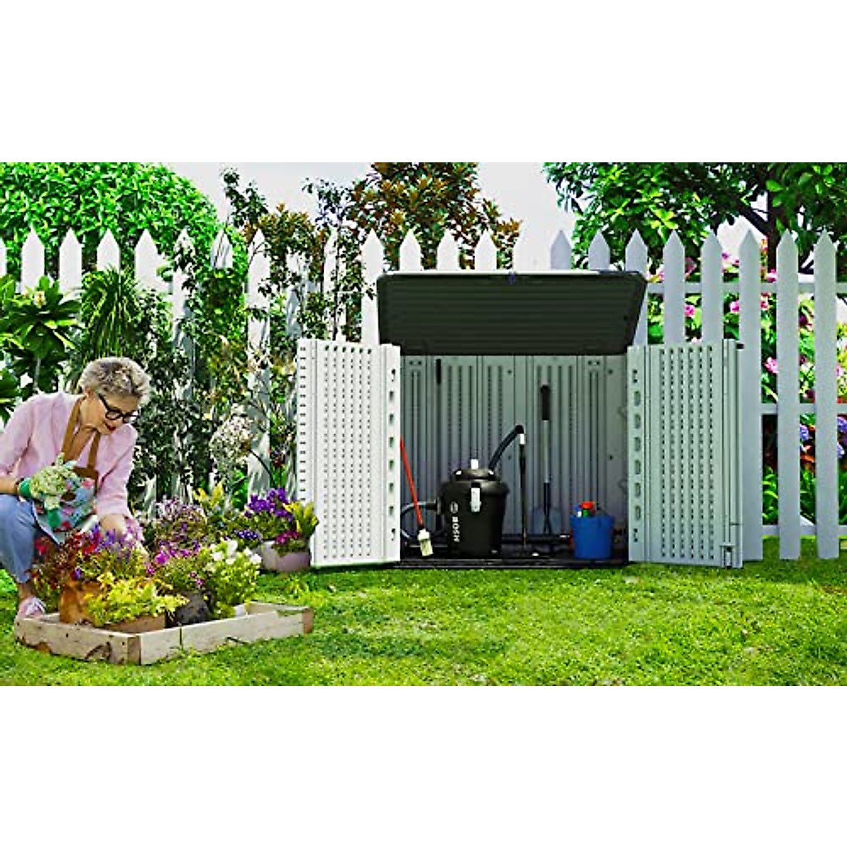 ADDOK Horizontal Storage Shed Weather Resistance, Large Outdoor Storage Cabinet Lockable, Thick HDEP Plastic Storage Unit for Backyards, Patio, Garden（27 Cu. ft/Ivory White