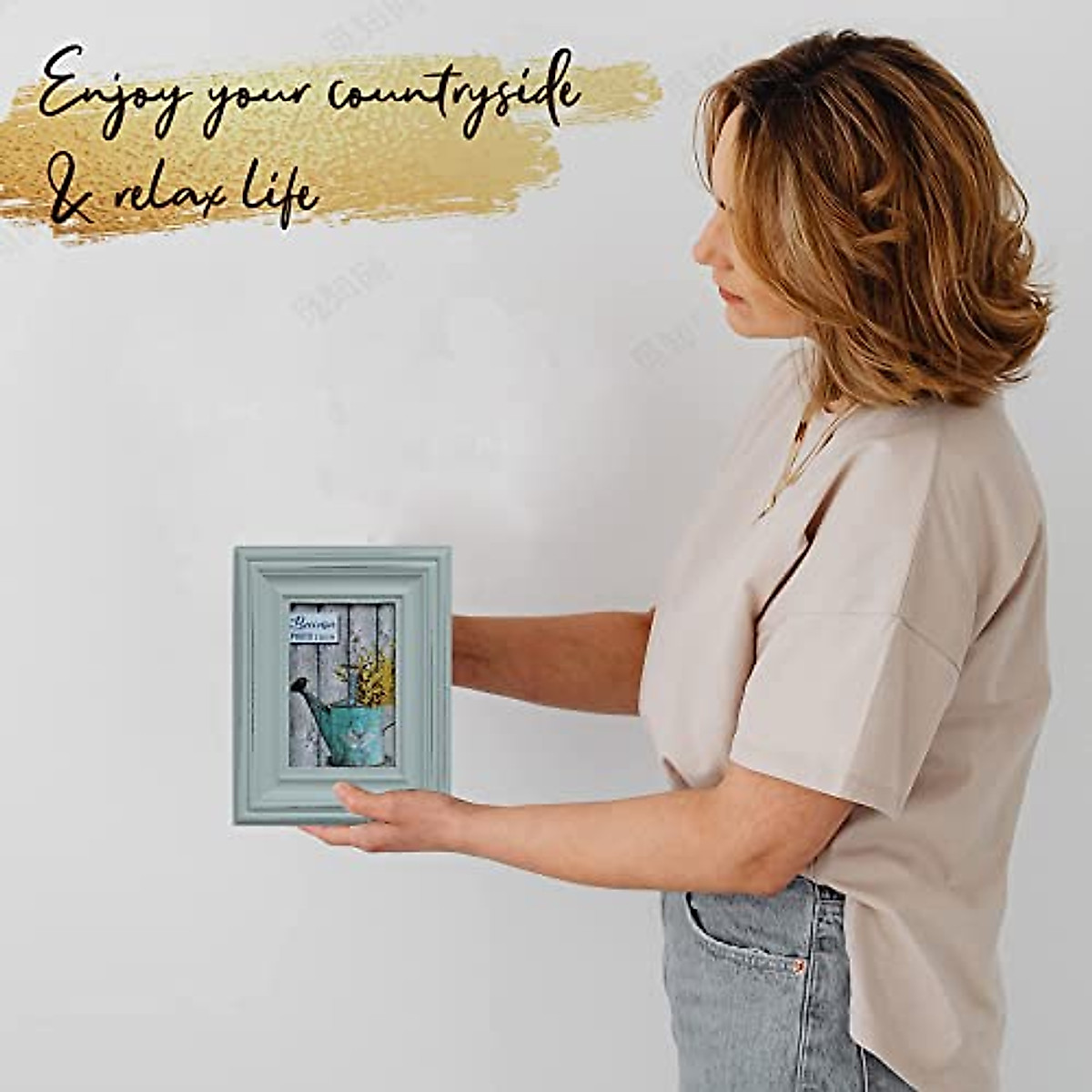 Buecasa Rustic 3.5x5 Inches Wooden Picture Frame Pack of 2 Vintage Cyan and White in Gift Box - Distressed Wood High Definition Glass Photo Frame Outside 6.1x7.7 Inches - 2 Way Display Tabletop or Wall Mount