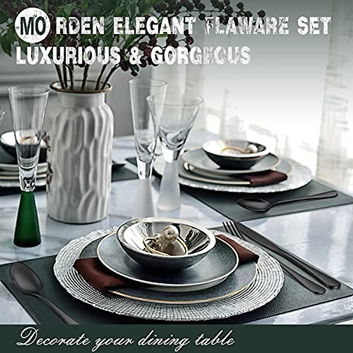 Black Silverware Set, Umite Chef 60-Piece Stainless Steel Flatware Set for 12, Kitchen Tableware Cutlery Set for Home and Restaurant, Mirror Finish