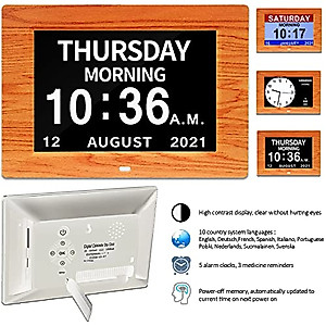 AINFTIME Clock with Day and Date for Elderly-3 Colors Display Digital Calendar Alarm Clock Dementia Alzheimers Clock with Extra Large Display (7in Woodgrain)