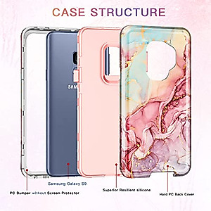 Btscase Compatible with Samsung Galaxy S9 Case, Marble Pattern 3 in 1 Heavy Duty Shockproof Full Body Hard PC+Soft Silicone Drop Protective Women Girls Cover for Samsung Galaxy S9 (2018), Rose Gold