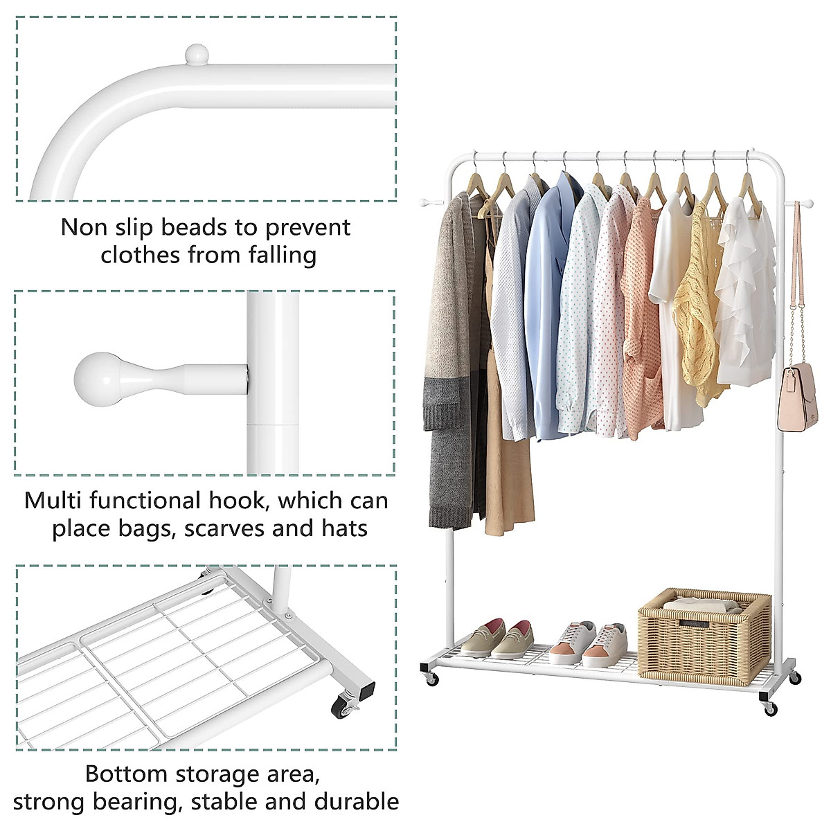 Sywhitta Clothes Rack on wheels, Clothing Rack with Bottom Mesh Storage Shelf,Sturdy Metal Frame,Rolling Garment Rack for Hanging Clothes,Coats,Skirts,39.76" L x 16" W x 64.56" H,White