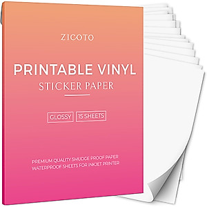 Premium Printable Vinyl Sticker Paper for Your Inkjet Or Laser Printer - 15 Glossy White Waterproof Decal Paper Sheets - Dries Quickly and Holds Ink Beautifully