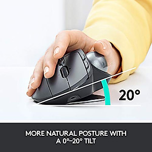 Logitech MX Ergo Wireless Trackball Mouse Adjustable Ergonomic Design, Control and Move Text/Images/Files Between 2 Windows and Apple Mac Computers (Bluetooth or USB), Rechargeable, Graphite - Black