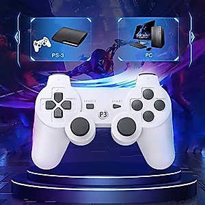 Powerextra PS-3 Controller Wireless Compatible with Play-Station 3, 2 Pack Double Shock High Performance Gaming Controller with Upgraded Joystick Double Shock for Play-Station 3 (Black + White)