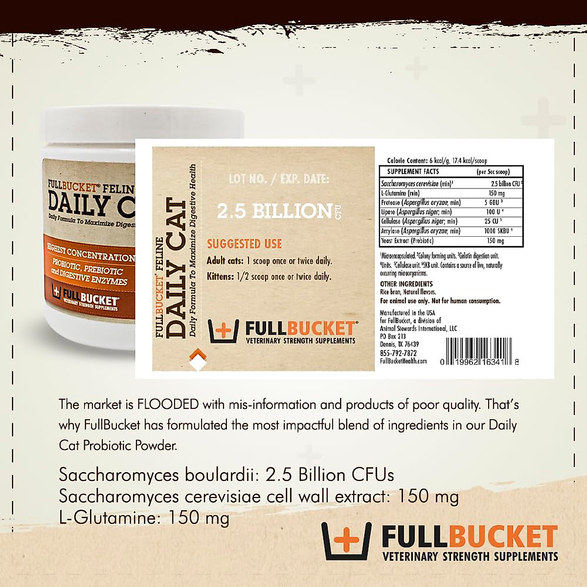 FullBucket Daily Cat Probiotic Powder - Digestive Supplement for Diarrhea, Gas and Supporting Gut & Stomach Health with Prebiotics & Enzymes, 30 Servings