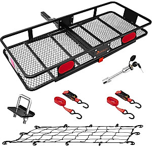 King Bird Folding Hitch Mount Cargo Carrier 60x24x6 with Hitch Lock & Hitch Stabilizer & Cargo Net & Ratchet Straps Fits to 2'' Receiver,550LBS Capacity Cargo Basket | Trailer Tow Hitch Cargo Carrier