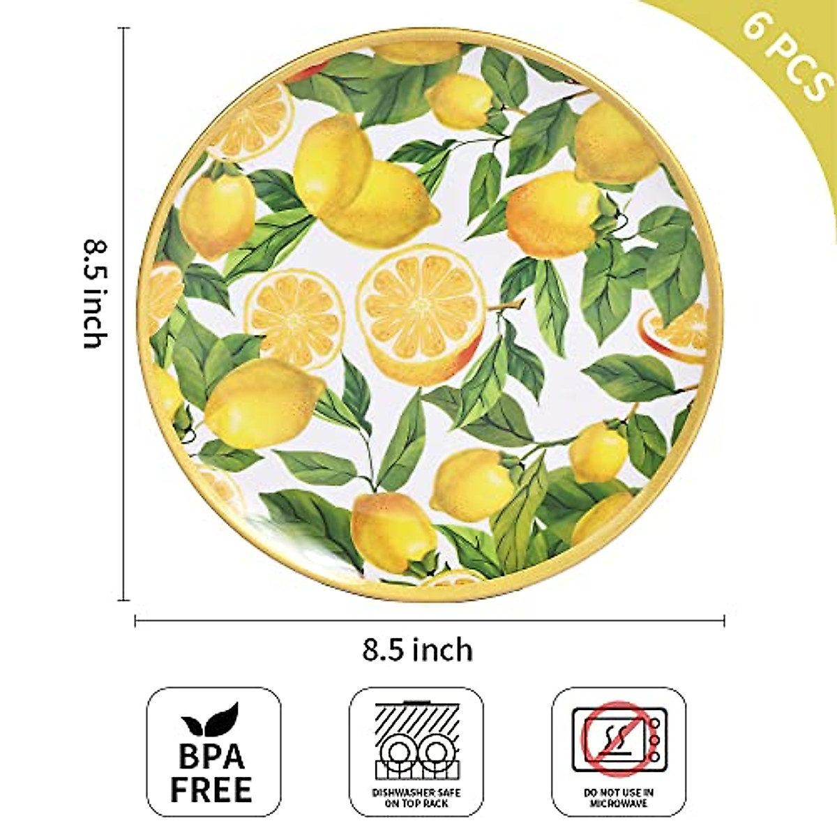 Lechoo Melamine Dinner Plates - 6pcs 8.5inch Dessert Plate For Indoor And Outdoor Use,Break-resistant,Lemon…