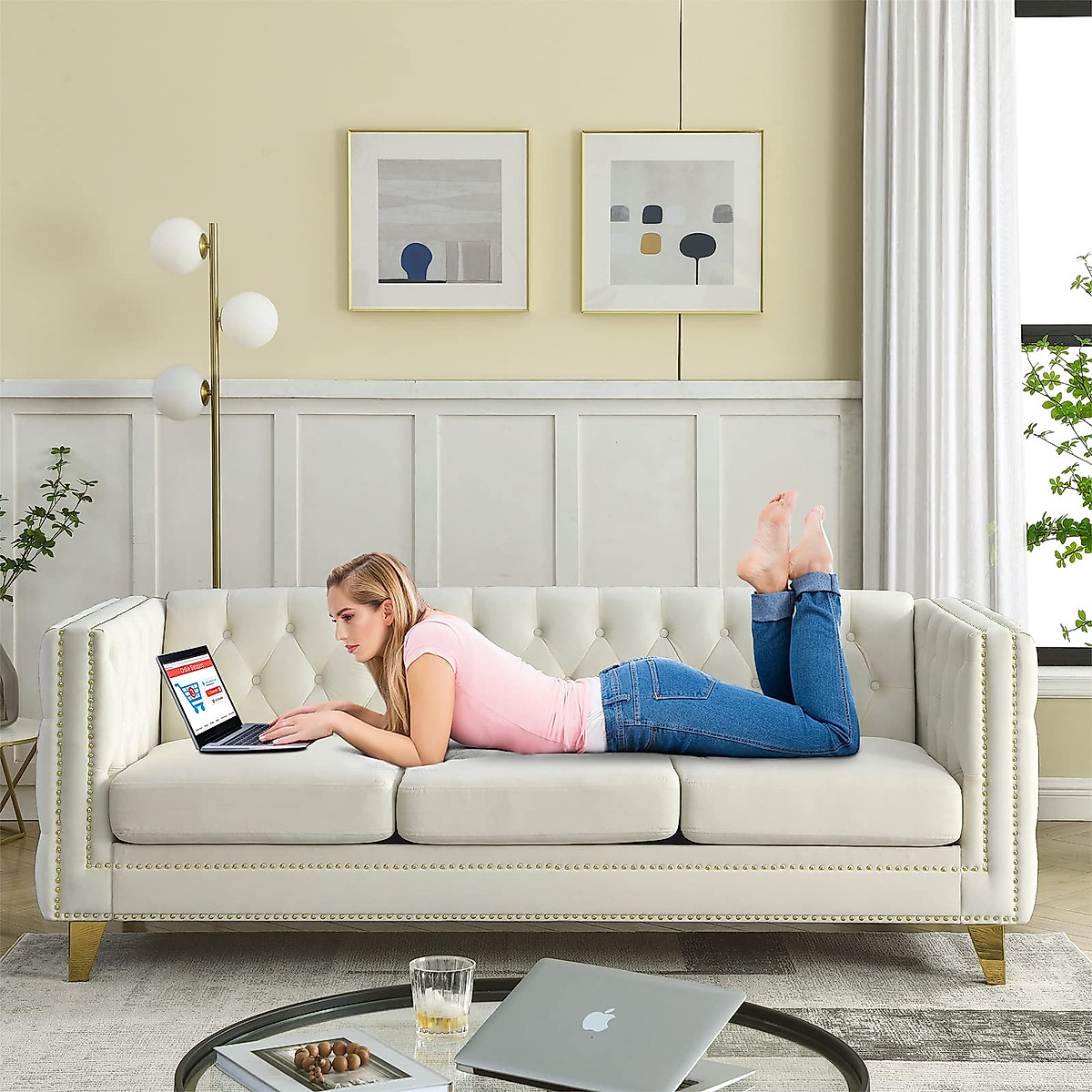 Antetek Comfy Upholstered Couches for Living Room, 80-inch Modern Button Tufted 3-Seater Sofa w/Square Arm, 4 Golden Metal Legs and Gold Nail Heads for Living Room, Office, Apartment, Beige