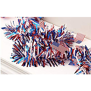 Patriotic Tri-Color Tinsel Garland w/Flag Accents: 9 feet