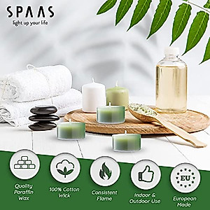 SPAAS Scented Tea Lights Candles in Clear Cups - Pear & Wild Fig Fragrance | Premium Long Burning Scented Tealight Candles for Spa, Romantic Décor, Meditation, Dinner, and Home Décor | Pack of 24