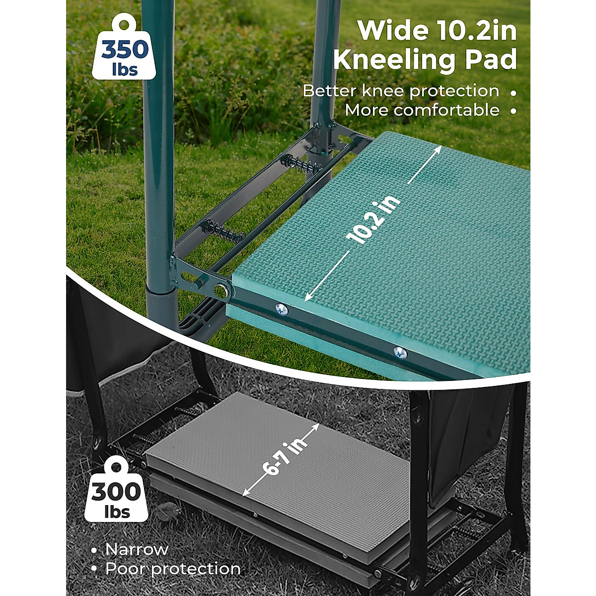 DEERFAMY Garden Stool 10.2" Width, Garden Kneeler and Seat Load Cap 350 lbs, Heavy Duty Gardening Stool with Extra Kneeling Pad, 2 Tool Pouches, Claw Gloves, Gift for Women Seniors, Green