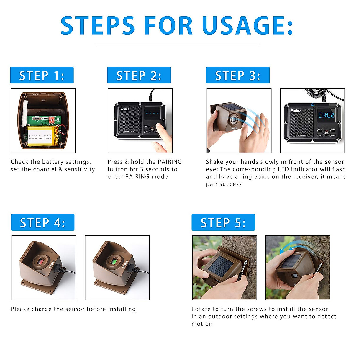 Solar Driveway Alarm Wireless Outside 1800ft Range, Outdoor Motion Sensor & Detector Driveway Alert System with Rechargeable Battery/Weatherproof/Mute Mode(1&4-Brown)