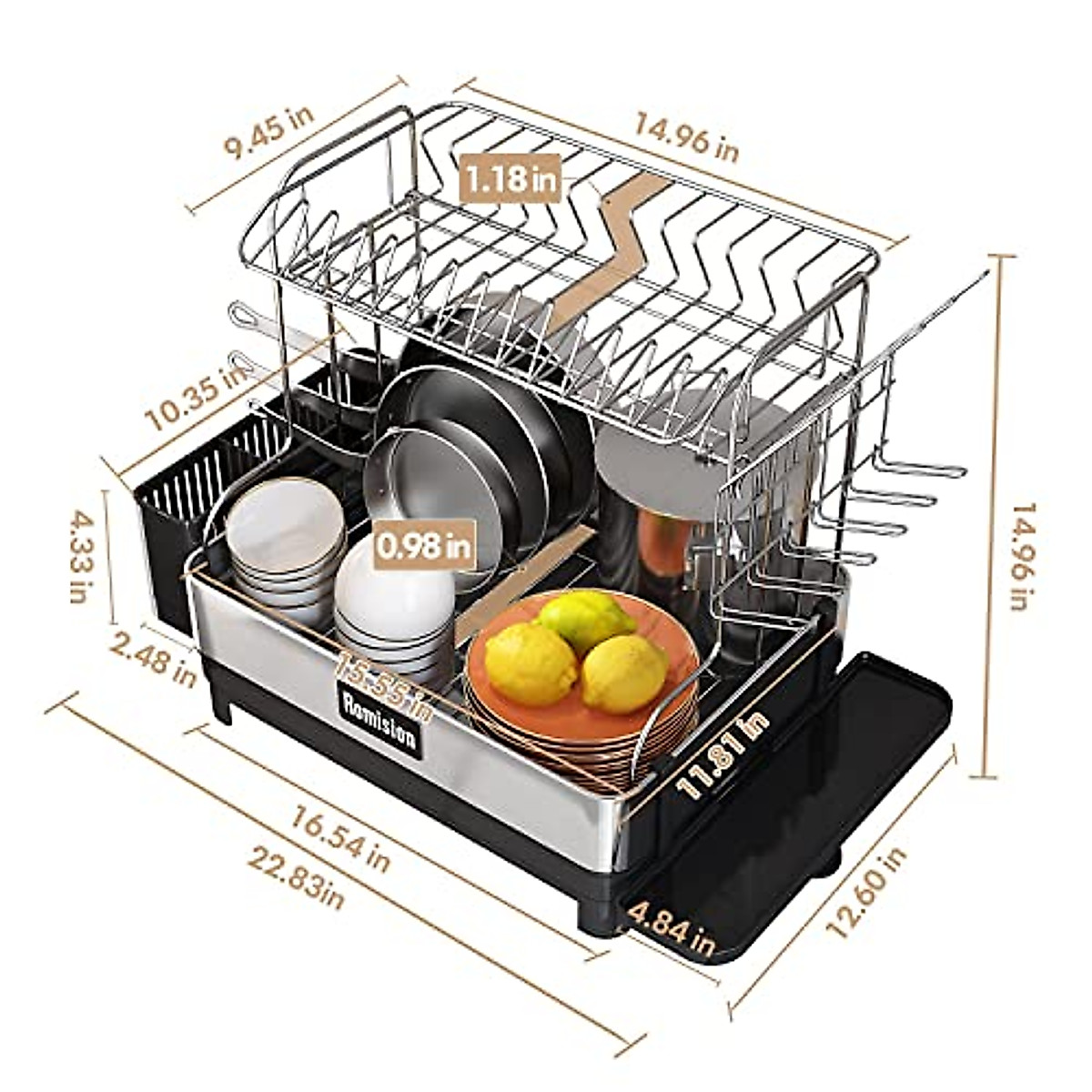 romision Dish Rack and Drainboard Set, 304 Stainless Steel 2 Tier Large Dish Drying Rack with Swivel Spout, Dish Strainer for Kitchen Counter with Utensil Holder, Cup Rack, Water Tray