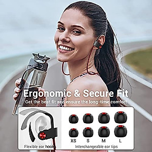 VRIFOZ Bluetooth Headphones, IPX7 Waterproof Wireless Sports Earbuds for Workout Gym, 12 Hrs Playtime Running Headphones with Noise Cancelling Mic, HiFi Bass Stereo in-Ear Earphones - RedBlack