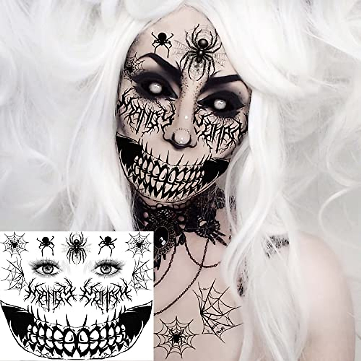 COKTAK 4 Sheet Scary Halloween Face Tattoos For Women Men Adults, Fake Wound Scars Witch Makeup For Halloween Chucky Zombie Makeup Kit, 3D Spider Web Face Tattoo Sticker Halloween Face Decals Paint