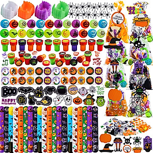 JOYIN 168 Pcs Halloween Stationery Set, 24 Pack Goody Bags with Halloween Tag Including Vampire Teeth, Spiders, Stamps, Stickers, Slap Bracelets for Kids Trick or Treat, Party Favor