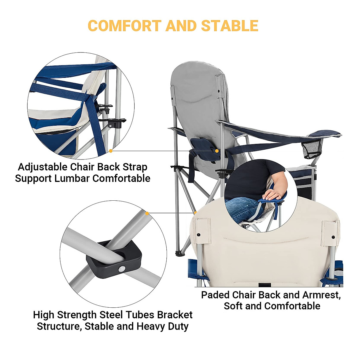 FUNDANGO Lumbar Back Padded Oversized Folding Camping Chairs with Portable Folding Camping Table with Handle for Outdoor Picnic Garden