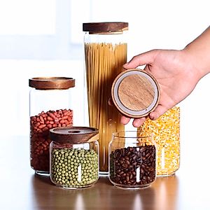 Glass Canisters Set of 5 for the kitchen, Glass Storage Container jars with Airtight Acacia Lid for Coffee Beans, Flour, Sugar, Rice and Spaghetti and etc