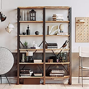 IRONCK Industrial Bookshelf Double Wide 6-Tier, Open Large Bookcase, Wood and Metal Bookshelves for Home Office, Easy Assembly