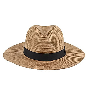 Womens Classic Wide Brim Straw Panama Hat Fedora Summer Beach Sun Hat UPF Straw Hat for Women Khaki