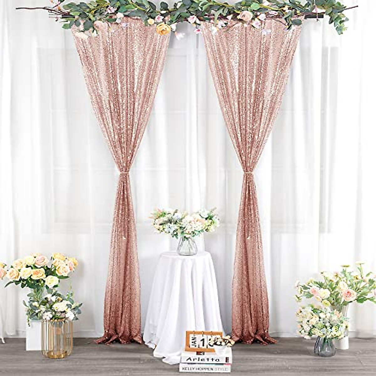BEDDEB Rose Gold Sequin Backdrop Curtain, 2PCS 2FTx8FT Glitter Backdrop Curtain for Christmas, Birthday, Wedding, Party Decoration